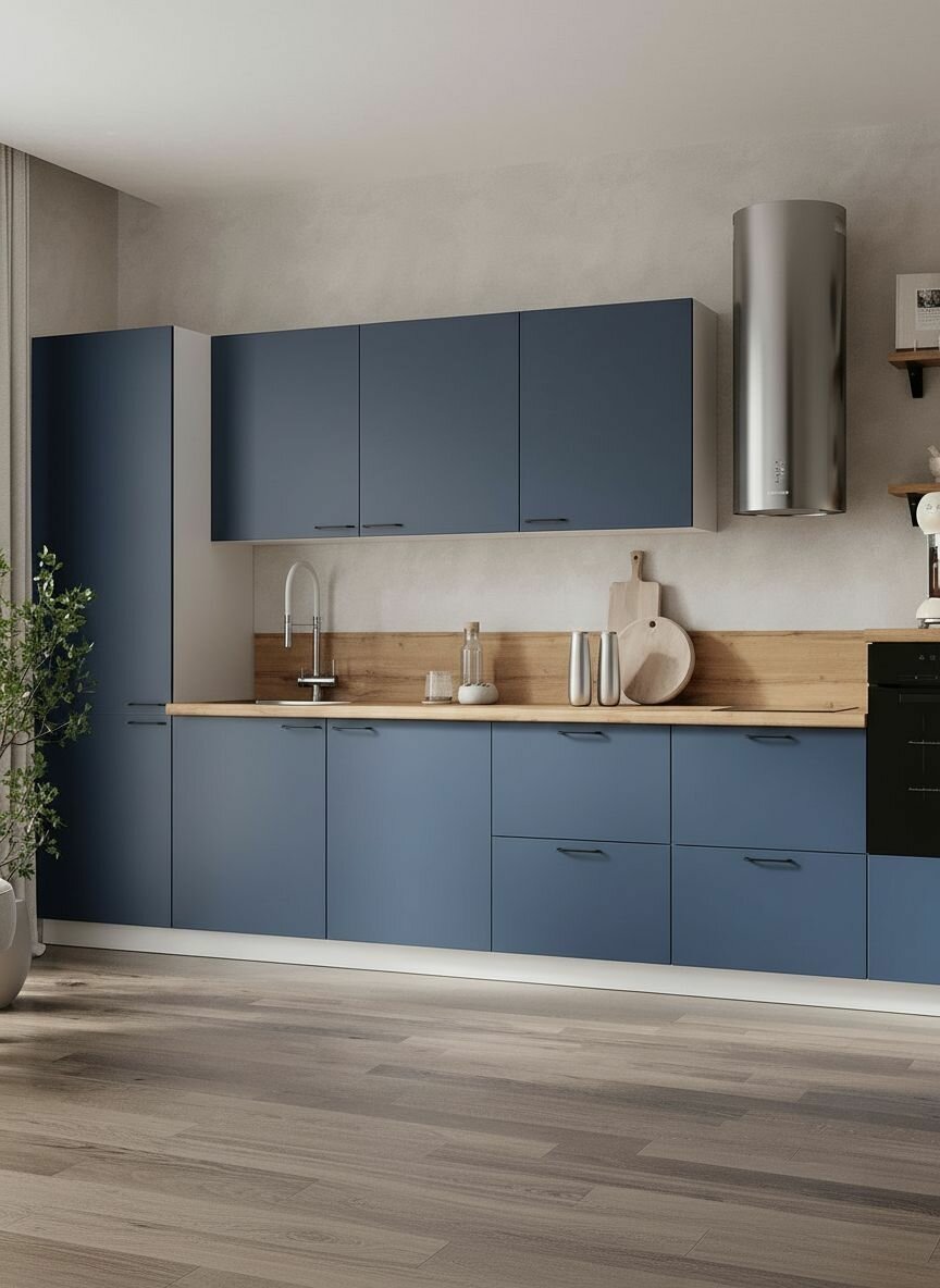 ARNIKA Кухонный гарнитур со столешницей "Дакия" 3,6м х 2,4м, цвет ежевика (синий), 1фасад пленка ПВХ