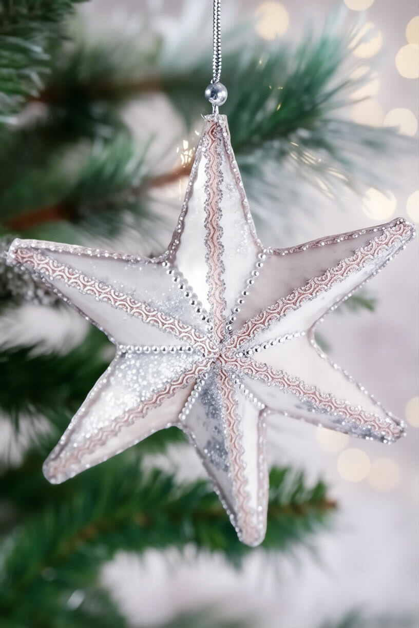 Ёлочная игрушка звезда - счастливая ночь, полиэстер, розовая с серебряным, 15 см, Winter Deco 2007625