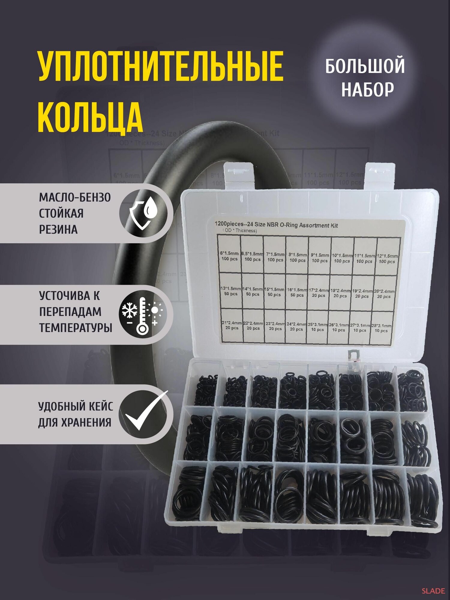 Набор уплотнительных колец SLADE — 1200 шт для форсунок и узлов, маслобензостойкая резина в кейсе