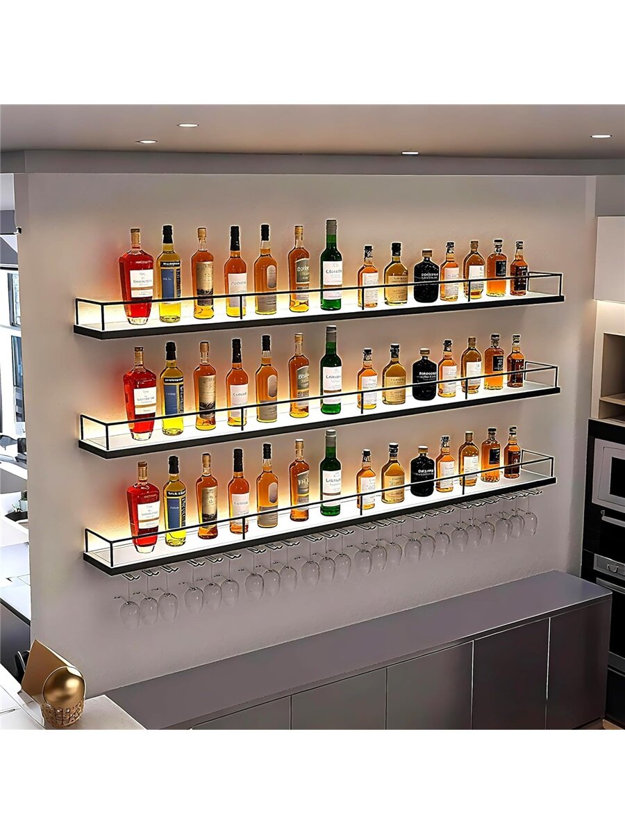 WJDREPKHY Industrial Metal Wall Mounted Wine Rack with LED Light, 3 Tier Iron Bar Shelves, Liquor Bottle Display Shelf with Wine Glass Holder, Floating Storage Rack for Home Bar Decor (Black, 100cm)
