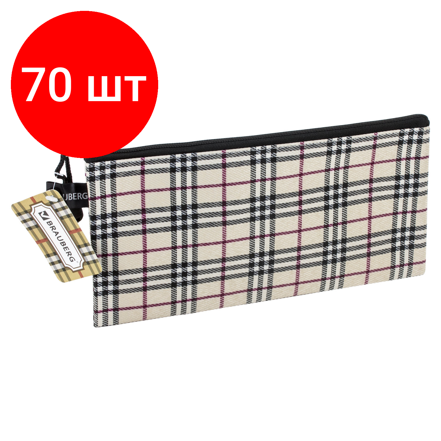 Комплект 70 шт, Папка-конверт на молнии малого формата (255х130 мм), ткань в клетку, BRAUBERG "Checked", 223894
