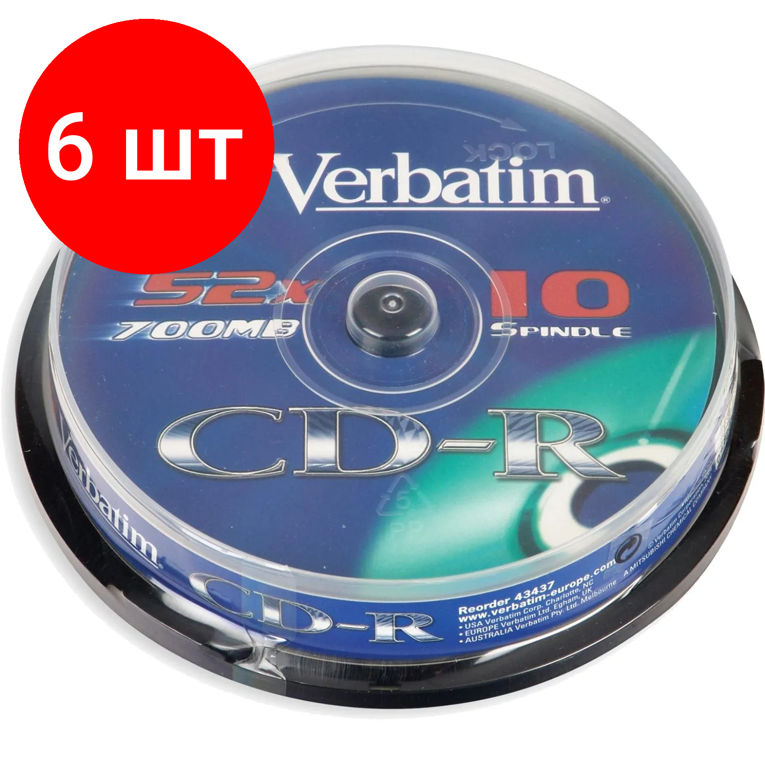 Комплект 6 упаковок, Носители информации CD-R, 52x, Verbatim Extra Protection, Cake/10, 43437