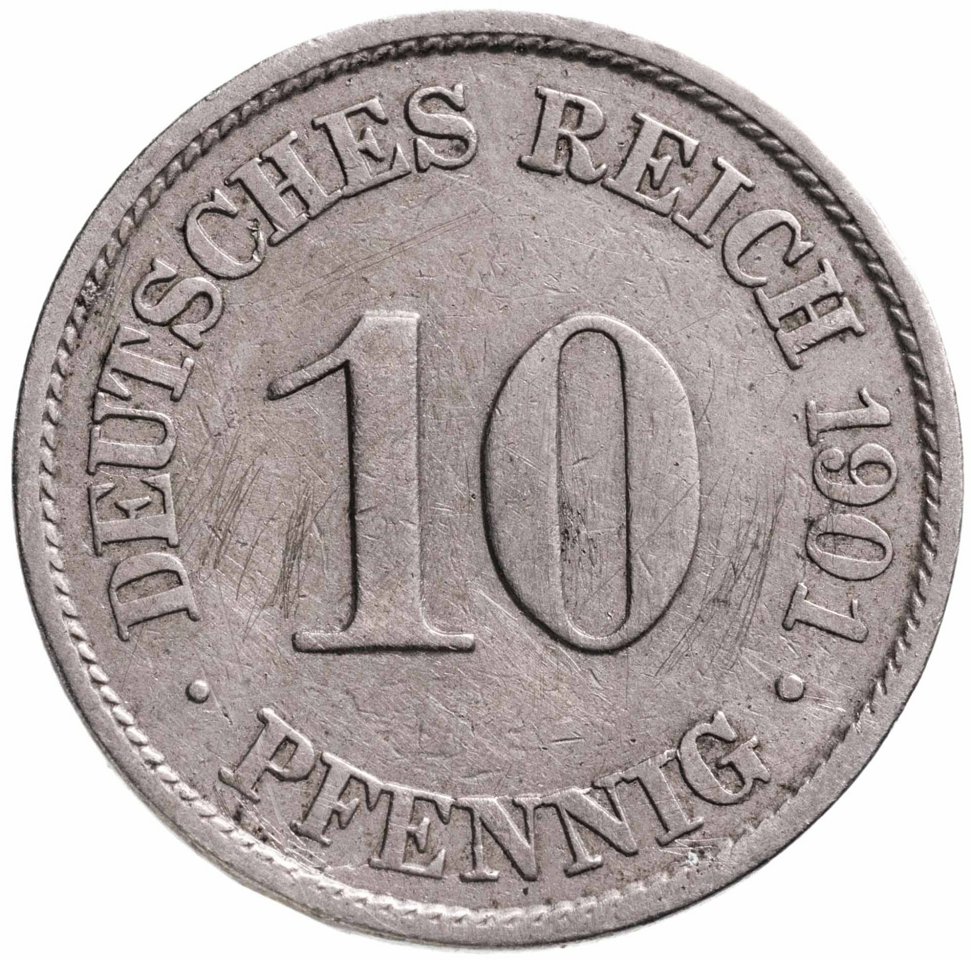 Германия 10 пфеннигов pfennig 1901 A знак монетного двора: "A" - Берлин, Никель, в сохранности VF