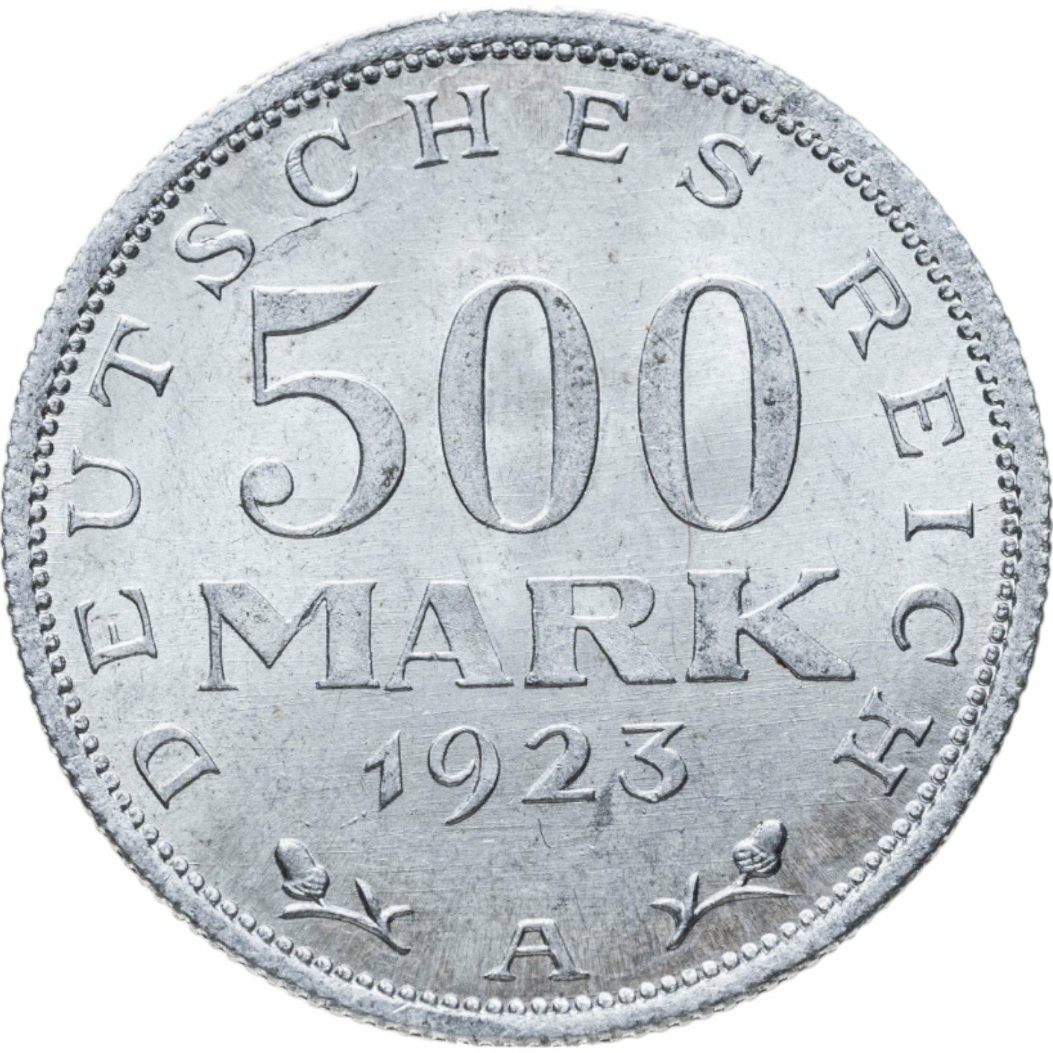 Германия 500 марок mark 1923, знак монетного двора "A" — Берлин, Алюминий, в сохранности UNC