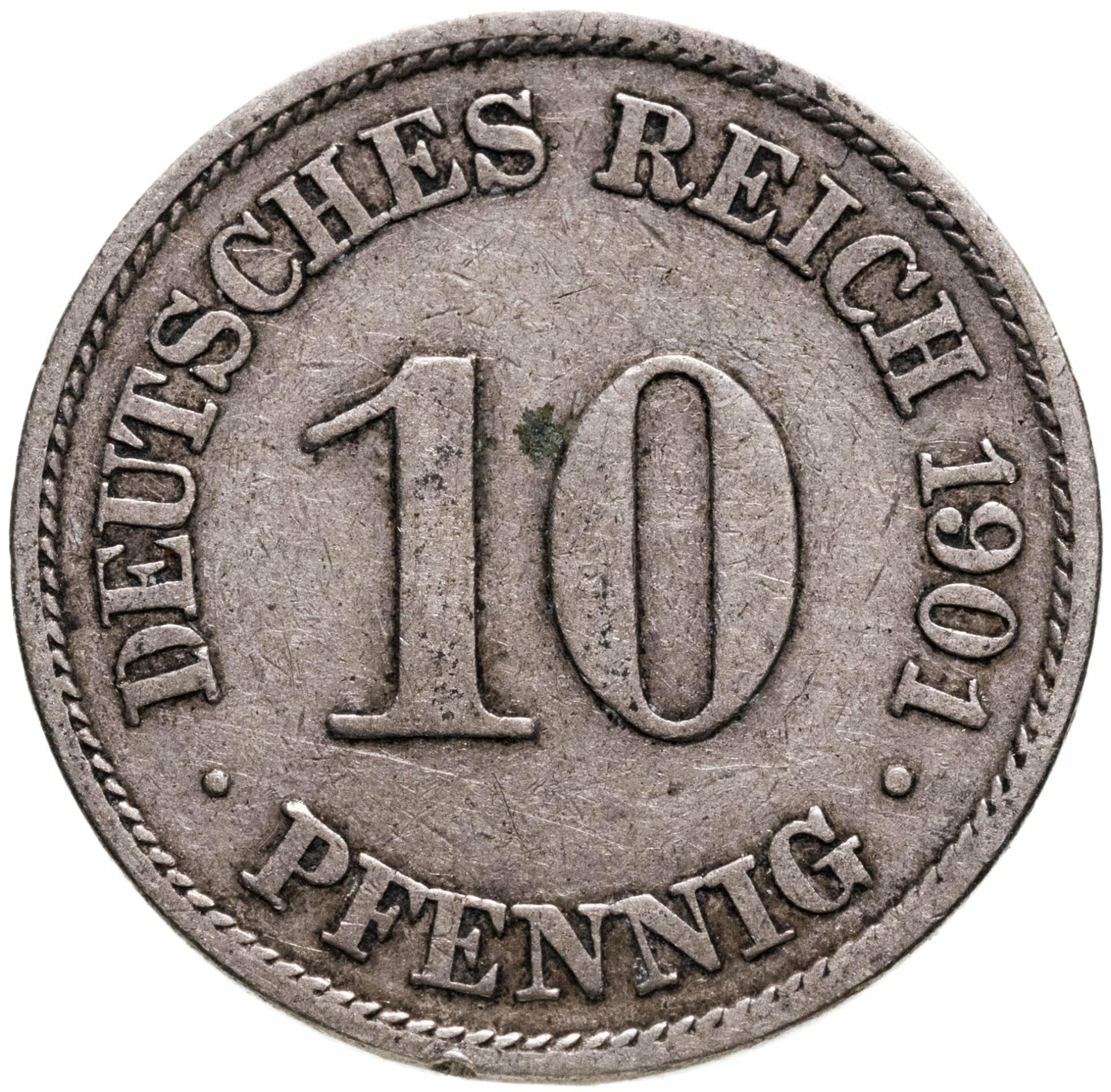 Германия 10 пфеннигов 1901 знак монетного двора: "A" - Берлин, Никель, в сохранности VF
