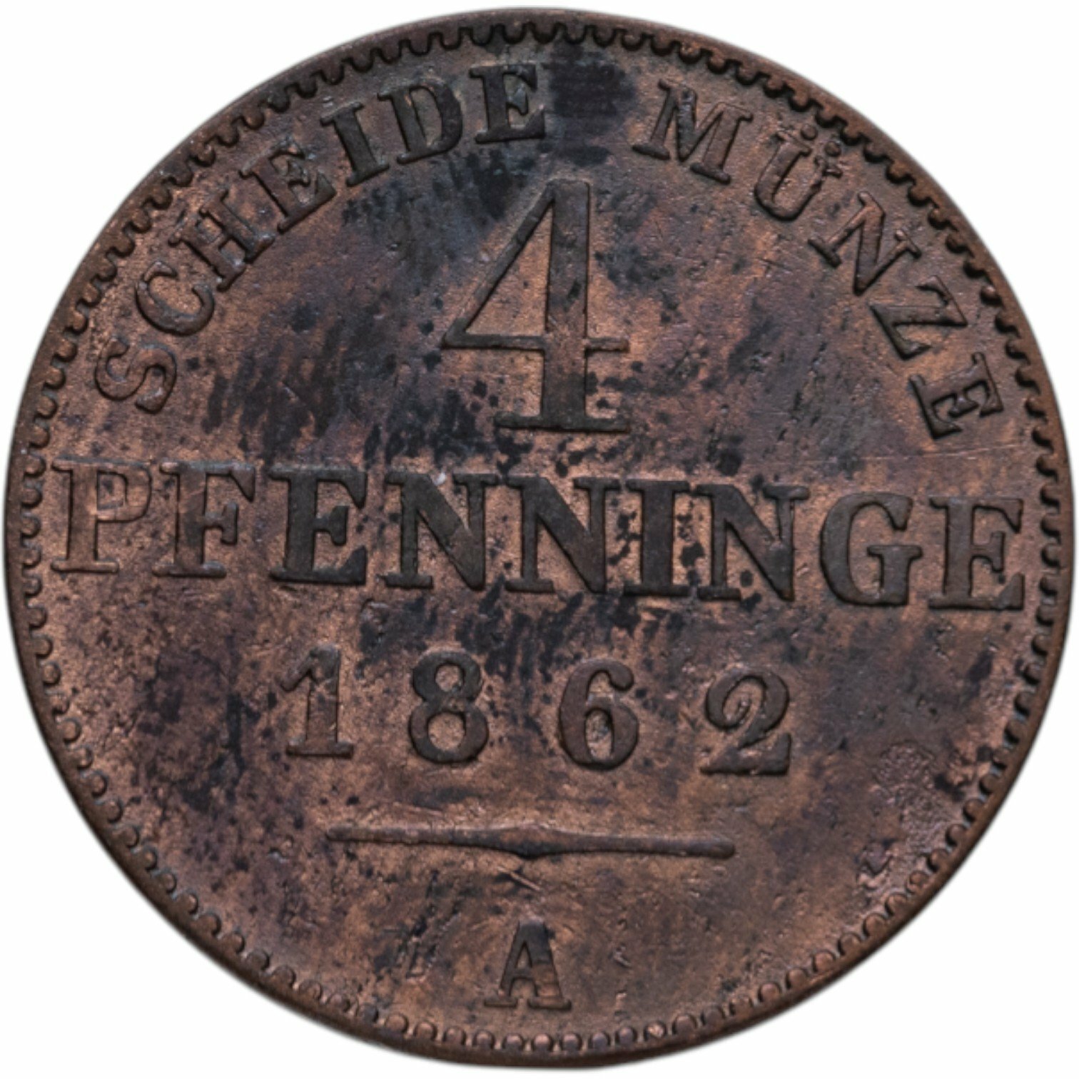 Пруссия 4 пфеннига pfennige 1862 A, Медь, в сохранности VF-XF