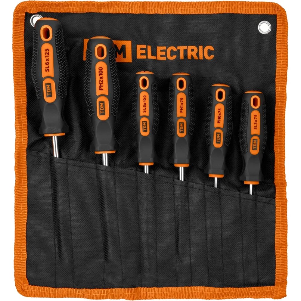 Набор отверток TDM ELECTRIC 6 штук в тканевом чехле SL:3х75;5х100;6х125, PH:0х75;1х75;2х100 серия "Алмаз" SQ1013-0203
