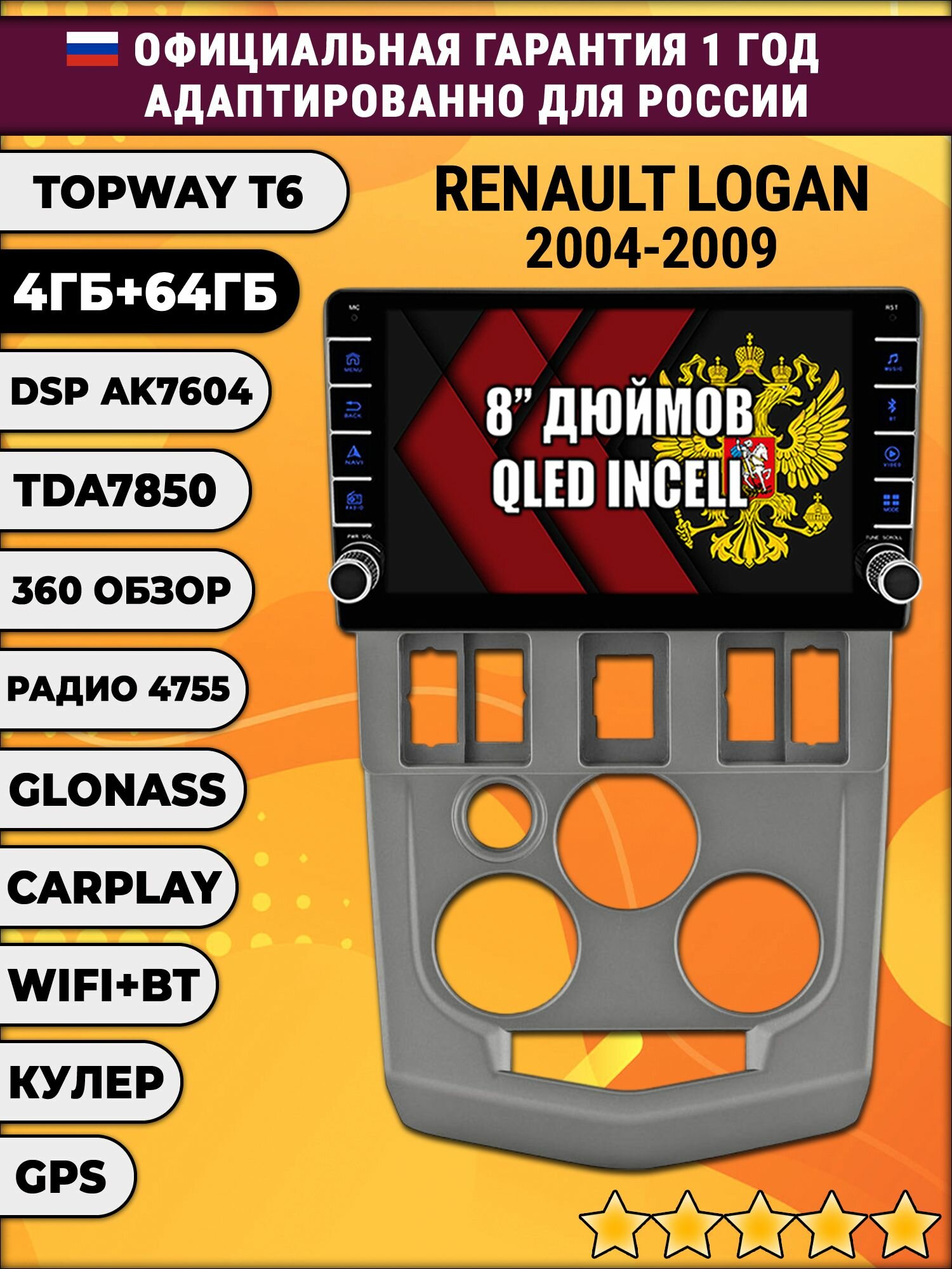 4гб+64гб с DSP и 360 для RENAULT LOGAN (2004-2009), Android магнитола с DSP и усилителем TDA7850