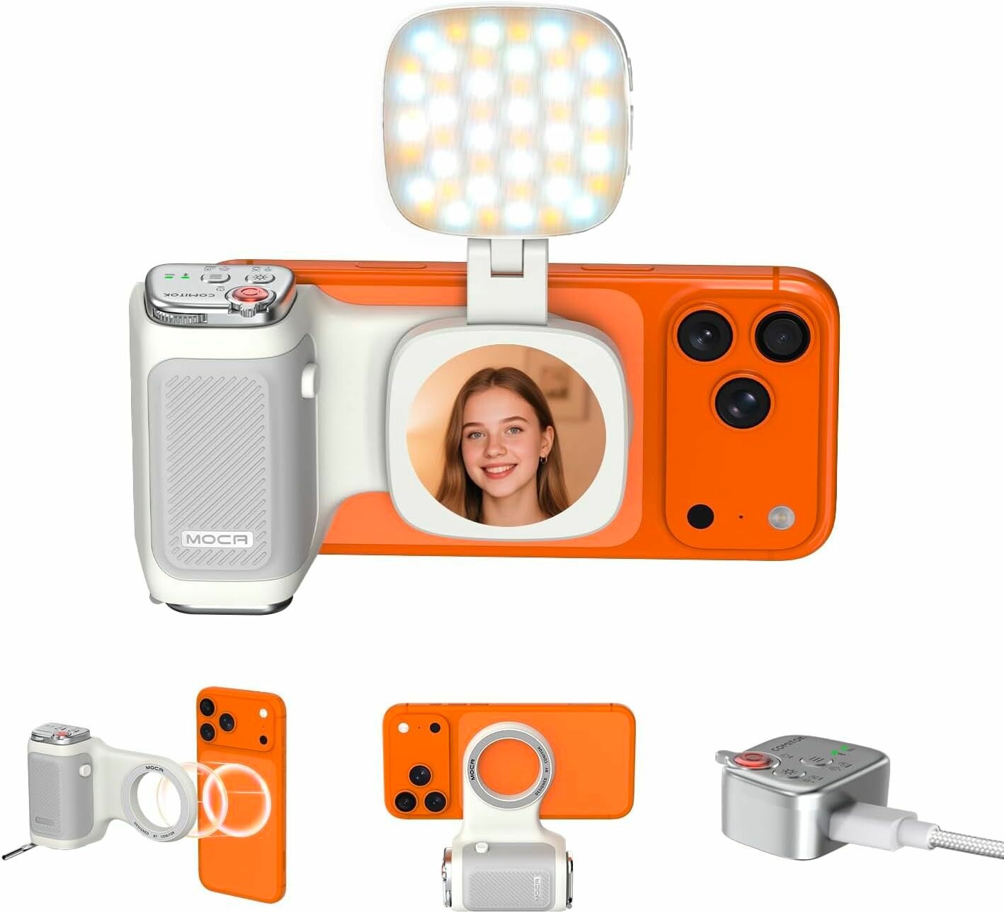 Фотодержатель COMITOK с магнитной подсветкой и зеркалом, для iOS 17 (встроенная камера iOS 26), совместим с iOS 17 и iOS 18, включает ударопрочный съемный пульт дистанционного управления и брелок.