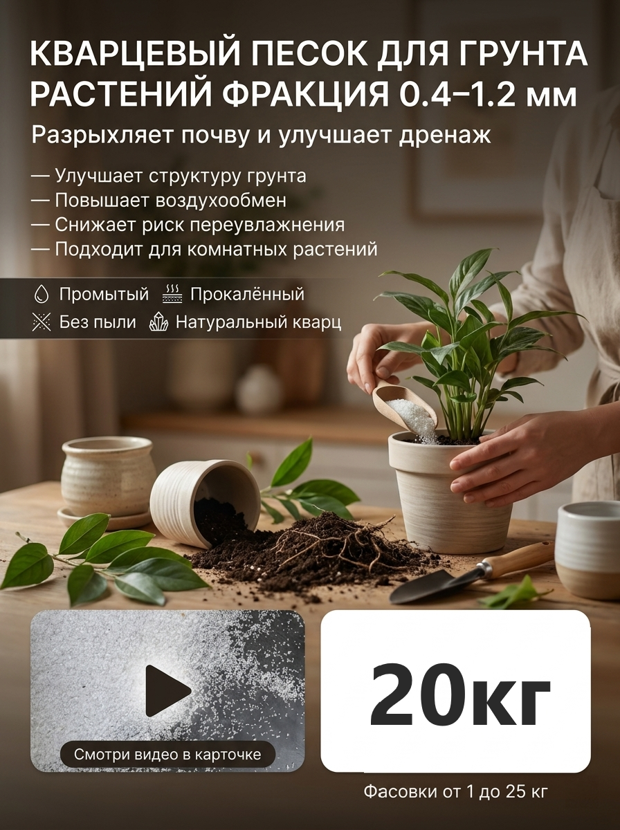 Дренаж для растений 0.4–1.2 мм, кварцевый песок, средняя фракция, добавка в грунт, чистый, без пыли, 20 кг