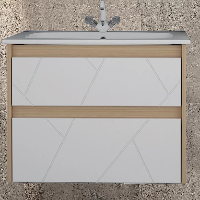 Тумба с раковиной ASB-Mebel Диана 60 подвесная, 60 см, белая, светлое дерево, глянцевая, из МДФ, с ящиками, раковина для ванной фарфоровая, прямоугольная, встроенный слив-перелив