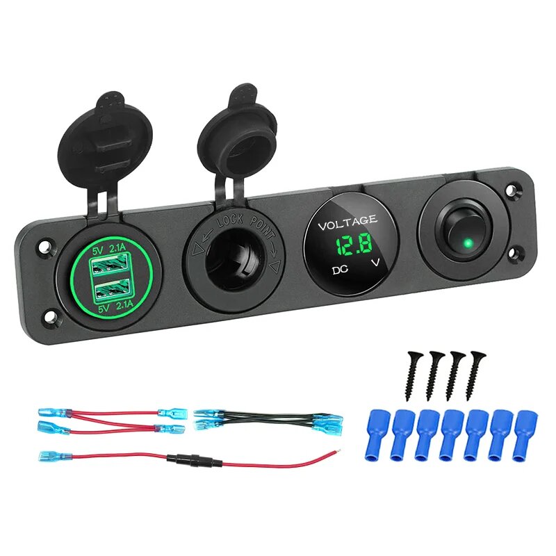 Панель морского переключателя 4 в 1, 12 В, двойная USB-разъем для зарядного устройства, розетка, светодиодный вольтметр, прикуриватель, кнопка включения и выключения, Green set with wire
