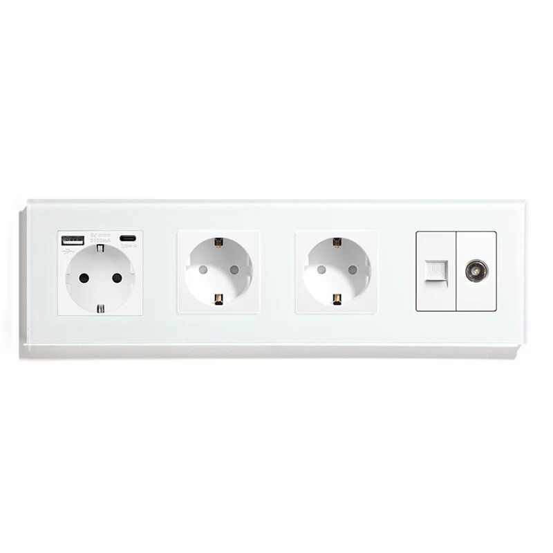 Розетка Bingoelec с USB Type-C, RJ45, стеклянная панель