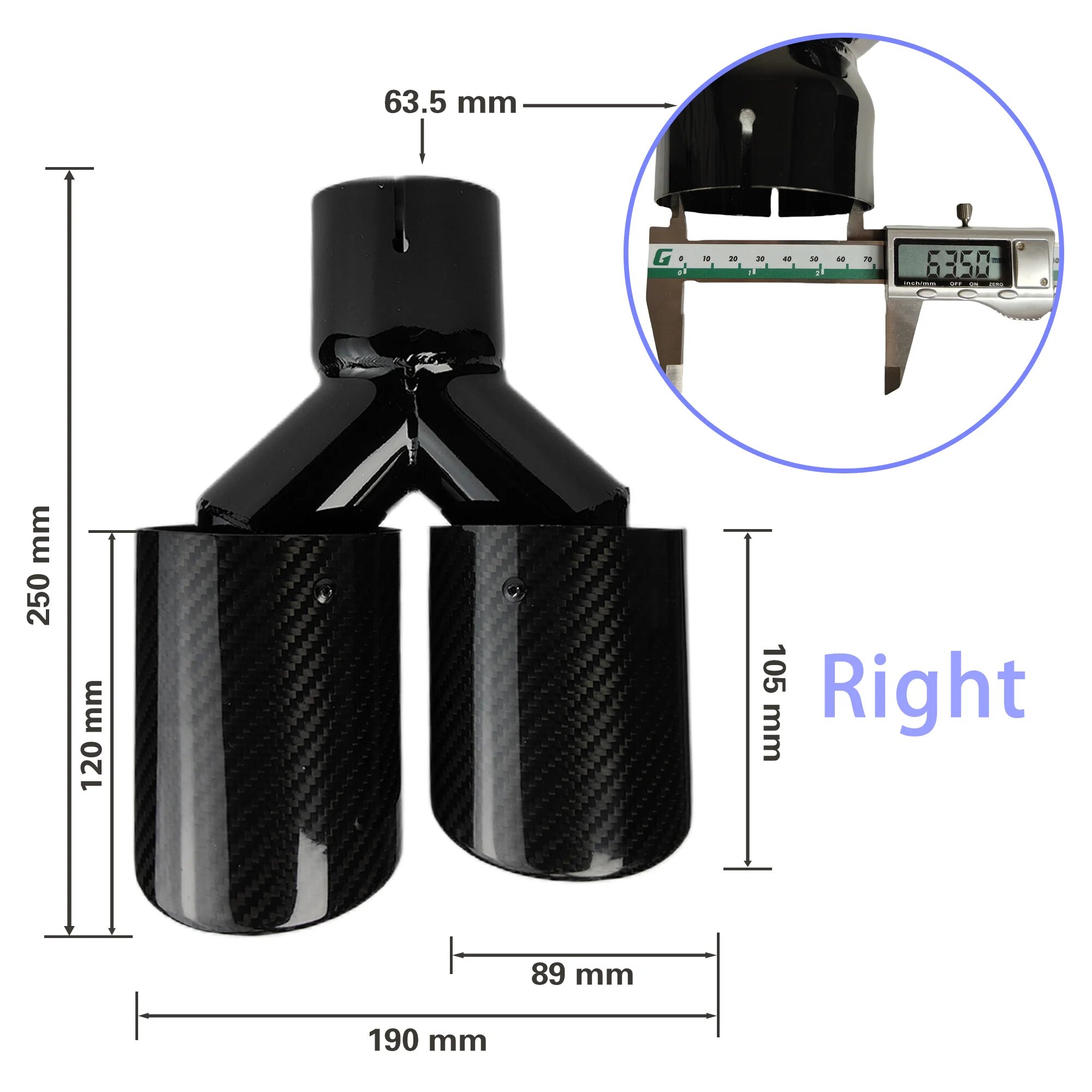 Универсальный автомобильный глушитель из углеродного волокна, длина черного Y-образного двойного глянцевого глушителя из саржи, 63.5mm-89mm-Right