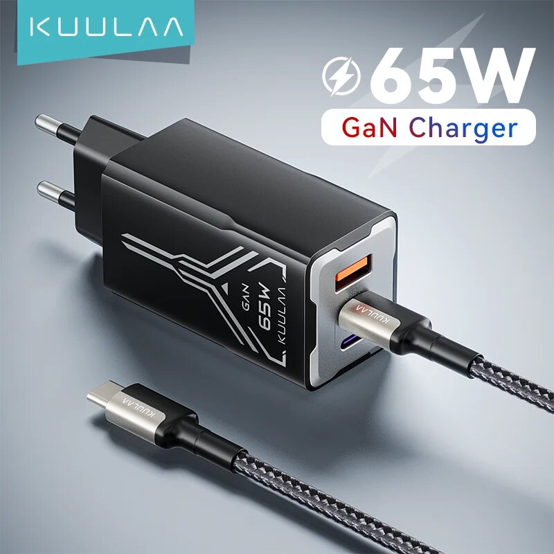 KUULAA 65 Вт GaN Зарядное устройство типа C Quick Charge 4.0 3.0 PD USB Зарядное устройство для iPhone16 15 14 Pro Max Быстрое зарядное устройство для ноутбука PD Зарядное устройство US Black C-C Cable