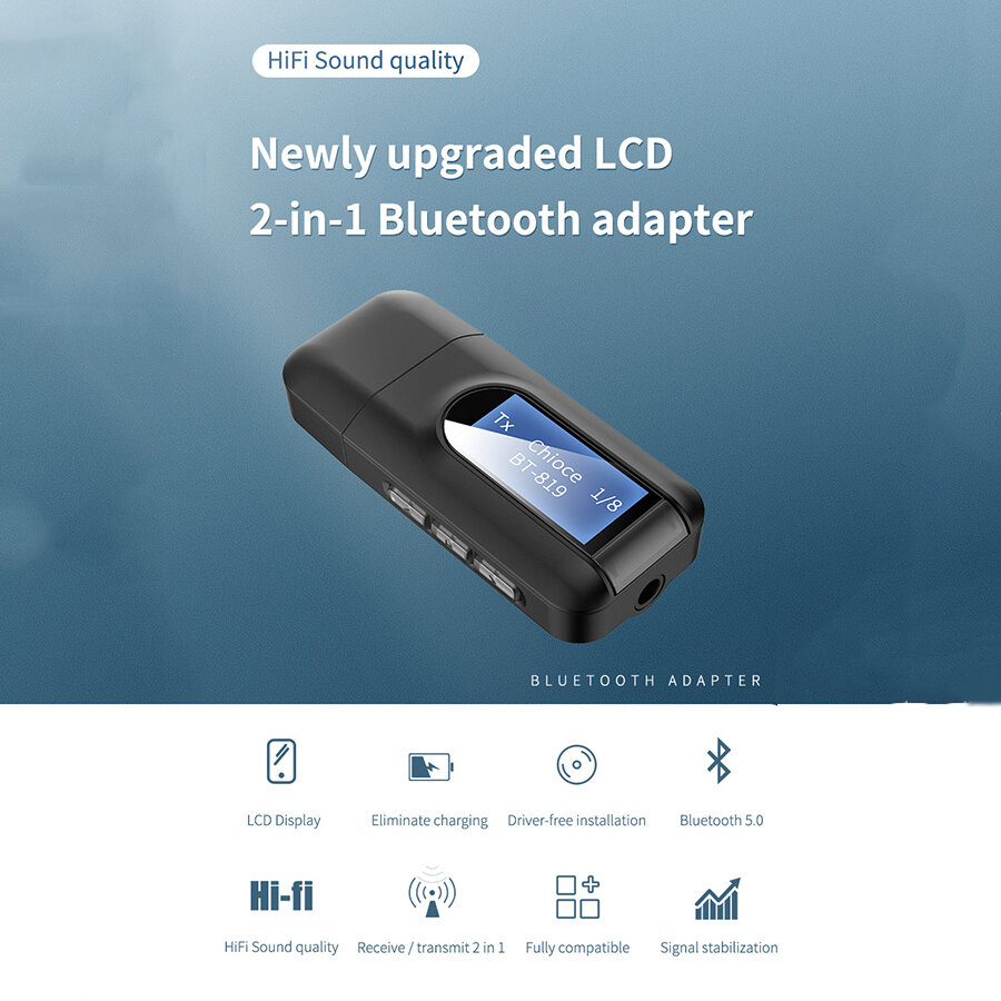 Приемник Аудиопередатчика USB Bluetooth 5.0 с ЖК-Дисплеем, Портативный Визуализирующий Bluetooth-адаптер 2 в 1, Беспроводной Bluetooth-адаптер 3,5 ММ