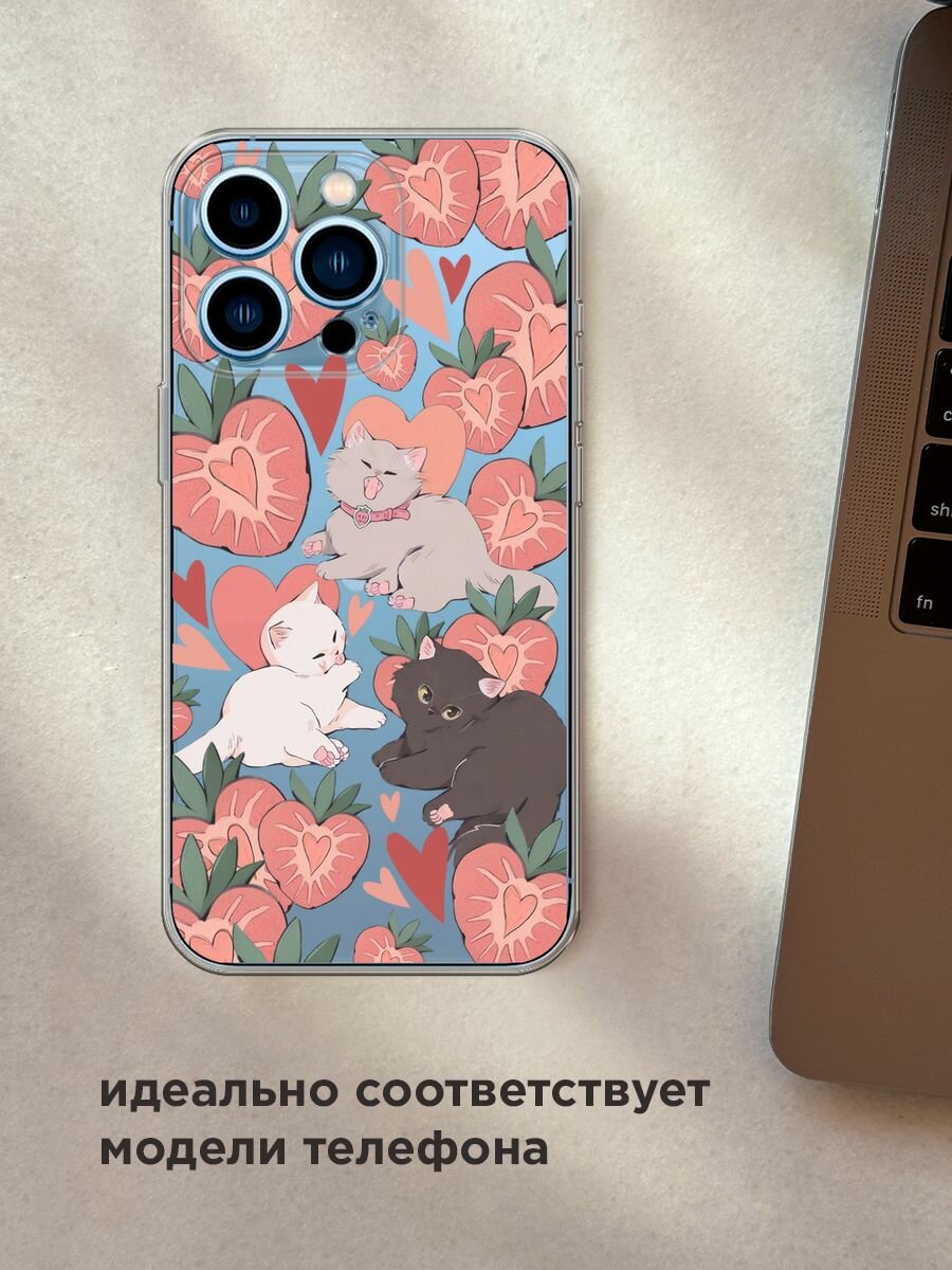 Чехол на Apple iPhone 13 Pro / Айфон 13 Про с принтом "Клубничные котики", прозрачный — фото 1