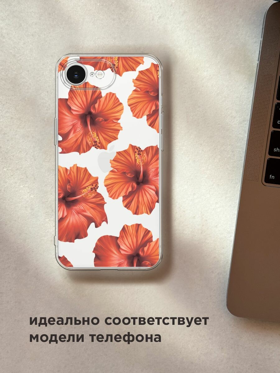 Чехол на Apple iPhone 16e/17e / Айфон 16е/17e с принтом "Рыжие гибискусы", прозрачный — фото 1