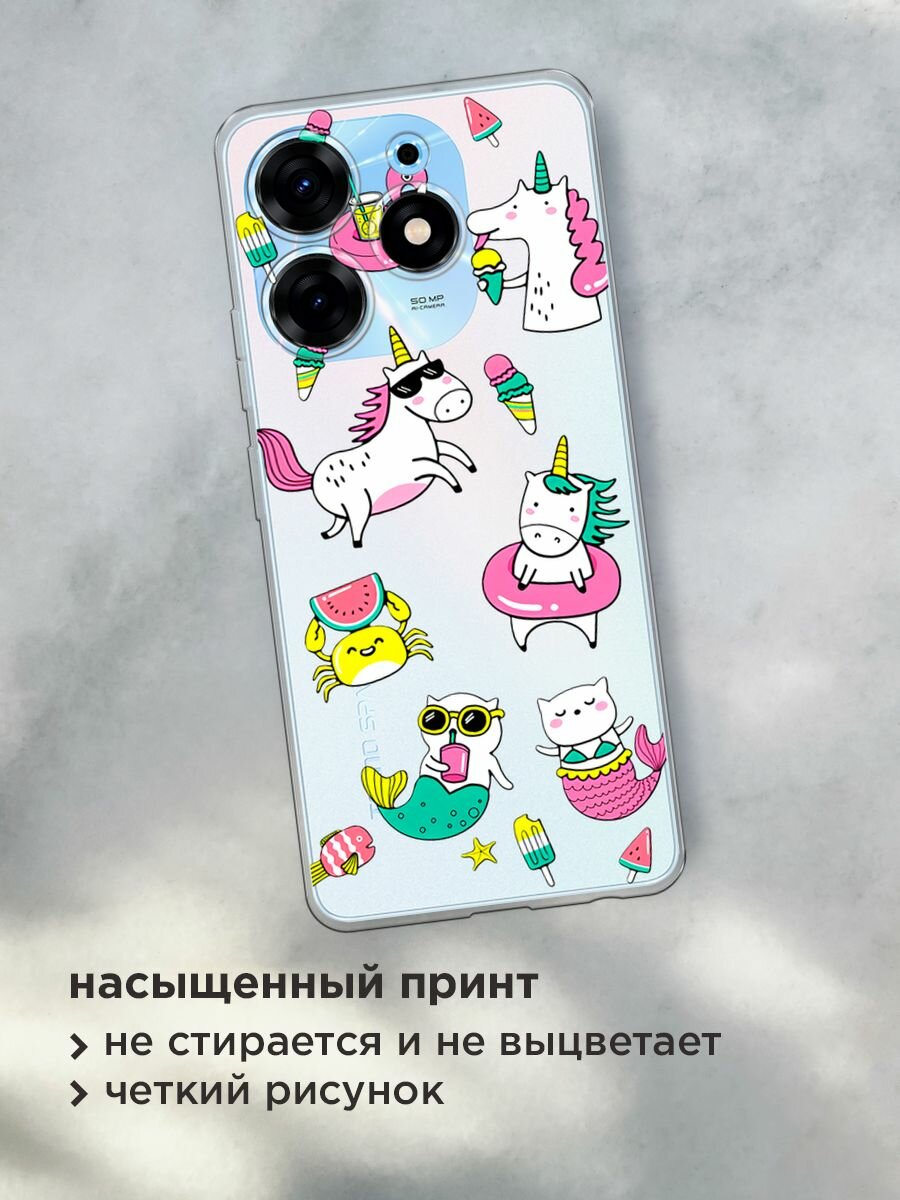 Чехол на Tecno Spark 10 Pro / Текно Спарк 10 Про с принтом "Единороги в отпуске", прозрачный — фото 1