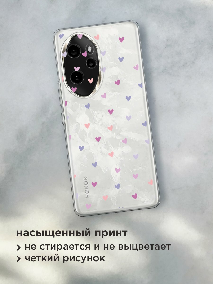 Чехол на Honor 100 Pro / Хонор 100 Про с принтом "Пастельные сиреневые сердечки", прозрачный — фото 1
