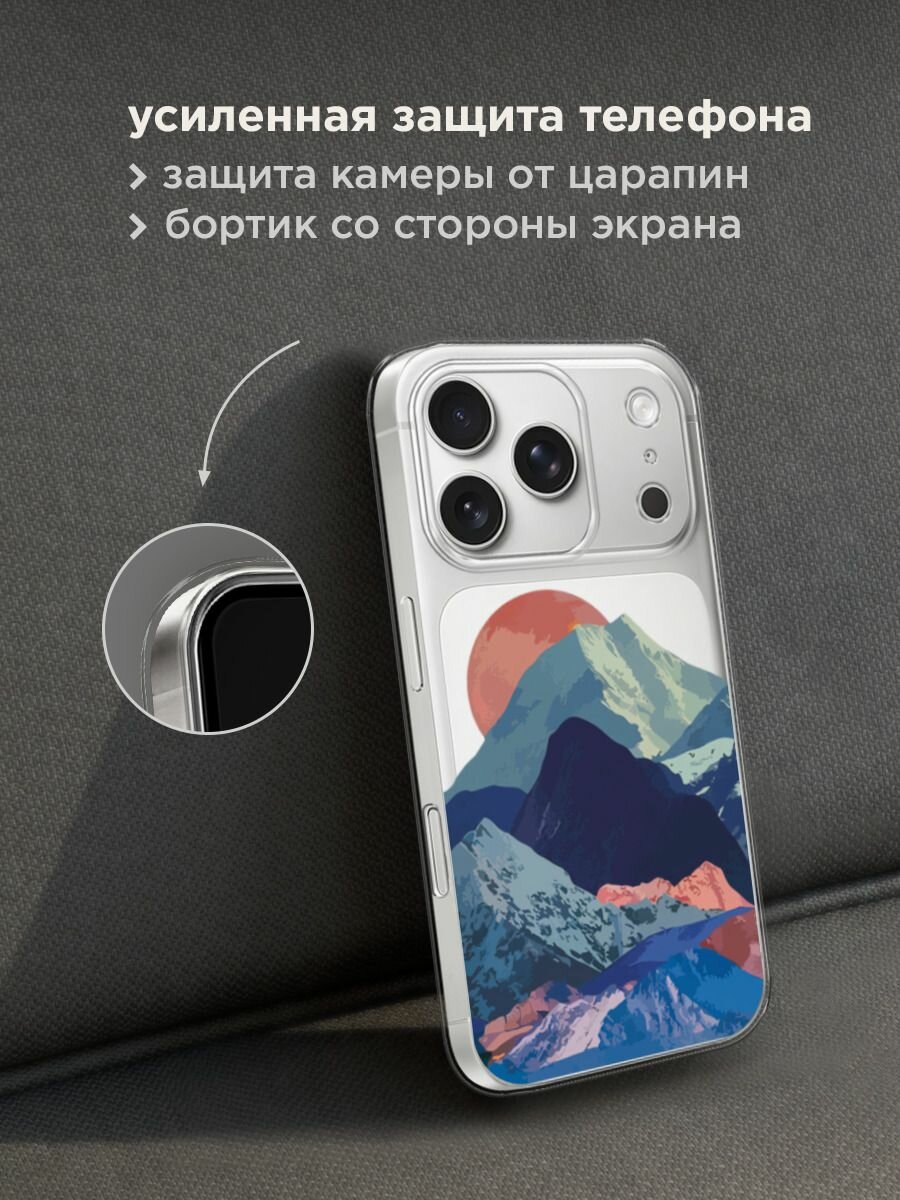 Чехол на Apple iPhone 17 Pro / Айфон 17 Про с принтом "Закат в снежных горах", прозрачный — фото 1