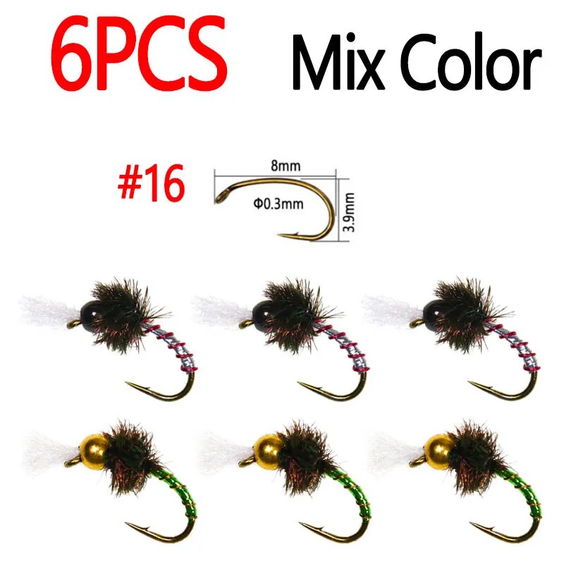 Bimoo Хирономидные куколки для рыбалки 6 шт. 6pcs Mix Col size16