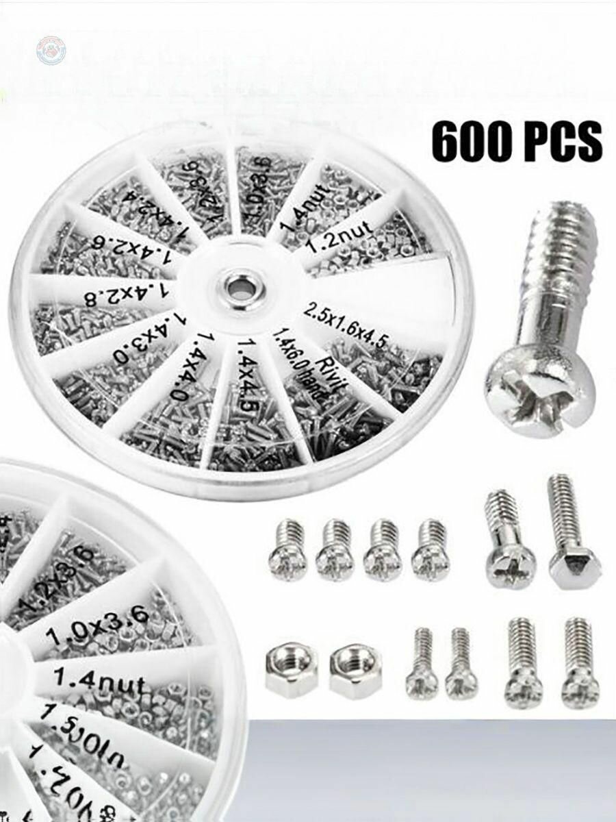 Набор мелких винтов и гаек 600 шт, M1-M1.6, нержавеющая сталь, сортировка по ячейкам, для ремонта часов, очков и электроники