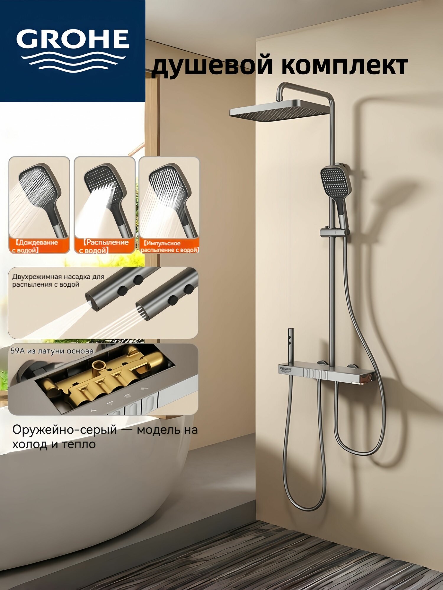 Душевой комплект GROHE, водопад и платформа для хранения вещей, латунь, нержавеющая сталь, серый