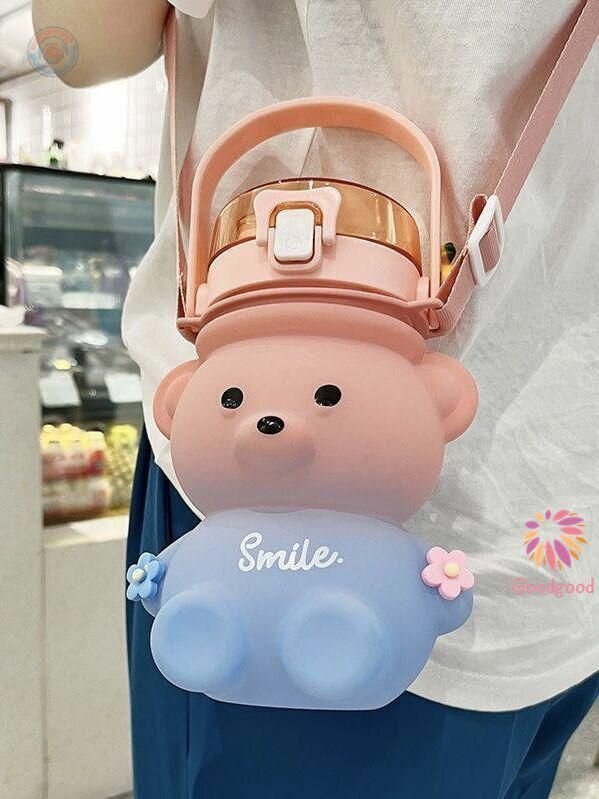 Бутылка для воды в школу детская в виде медвежонка с ремешком для девочки подарок дочери внучке