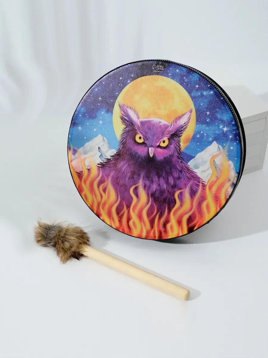 Шаманский бубен Филин и пламя с колотушкой