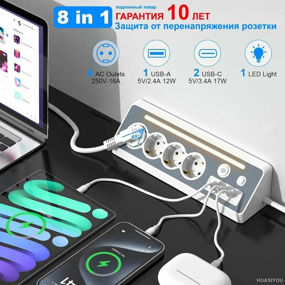 Сетевой фильтр, удлинительНесколько розеток, 4 отделения удлинитель с 2 Type-C 1 USB и светодиодный ночник 1.5M 3680W 16A