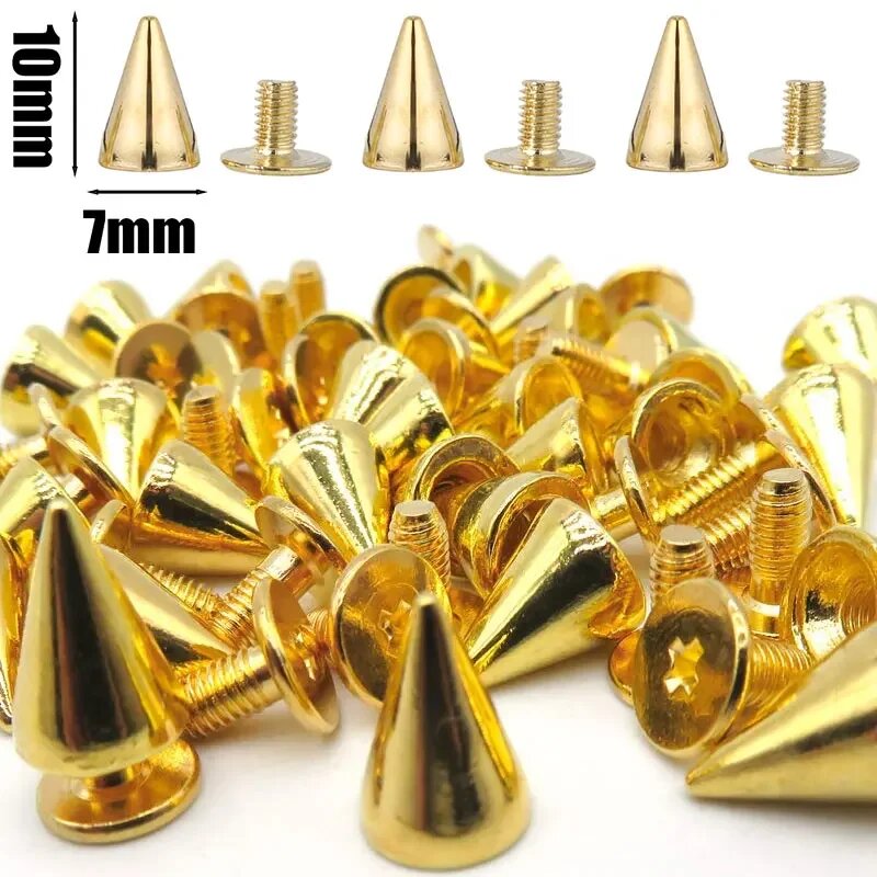 Металлические заклепки-шипы конус 10 шт 50pcs, Золотой