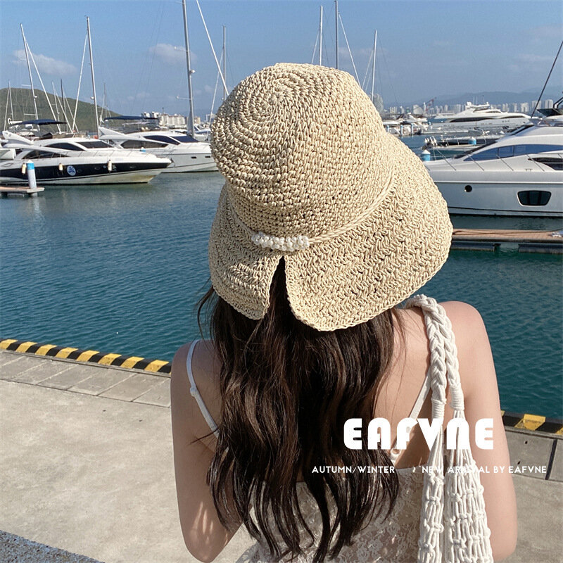 Ins темпераментная солнцезащитная соломенная шляпа с жемчугом, женская летняя классная шляпа, шляпа для отдыха на море, рыбацкая шляпа, складная пляжная шляпа, модная