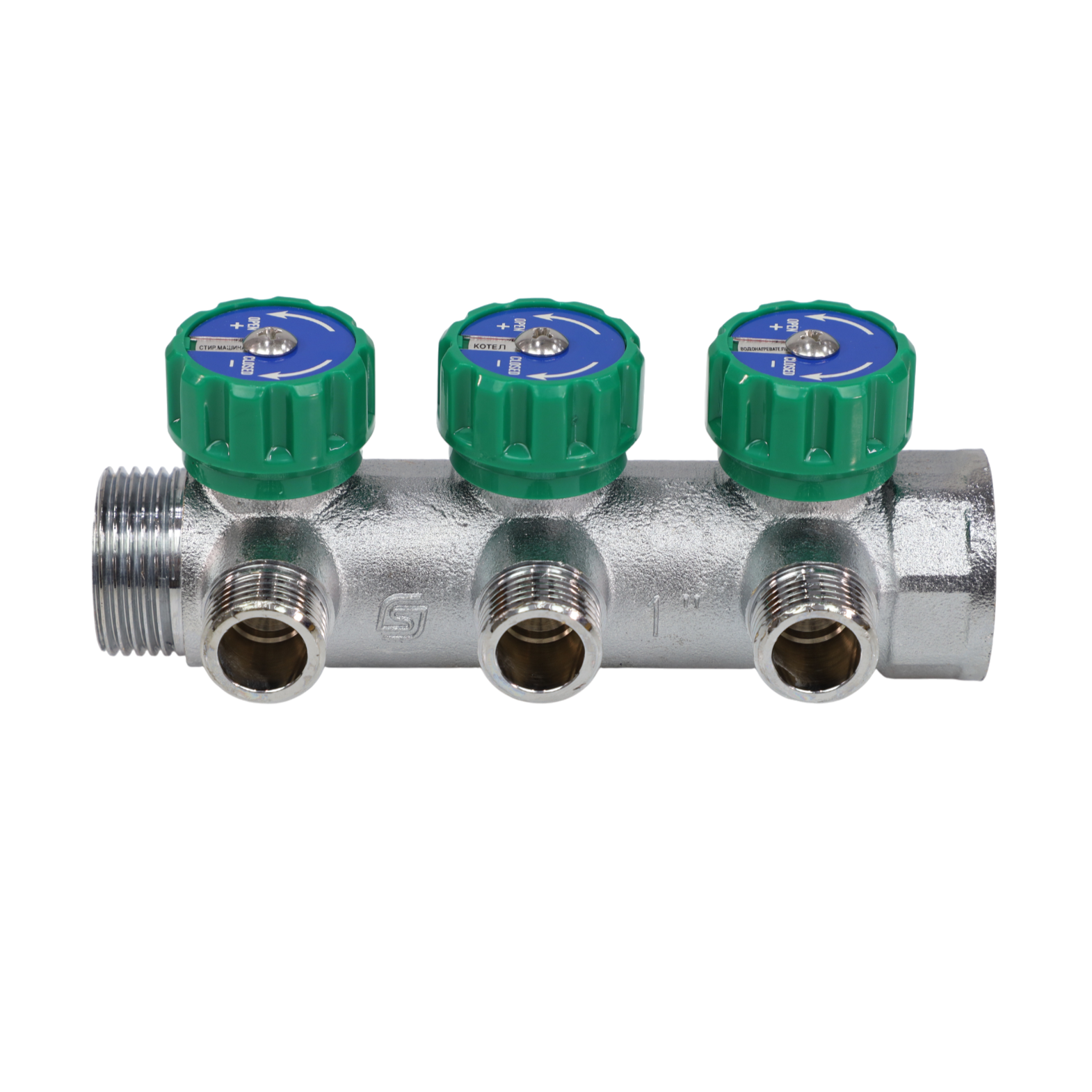 Коллектор латунь 1" ВР/НР на 3 вых 1/2" НР м/о 45мм под плоское уплотнение с регулирующими клапанами SantechSystems