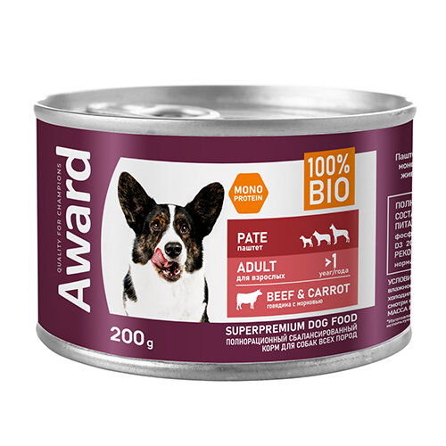 Влажный корм Авард для взрослых собак Паштет из говядины с морковью (цена за упаковку) 200г х 12шт