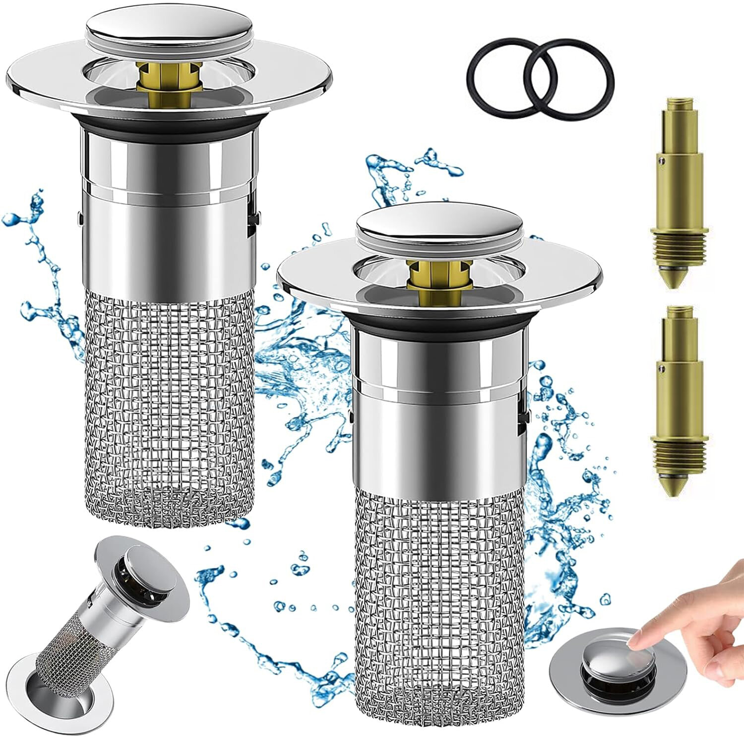 Фильтр для слива раковины в ванной комнате, Универсальный пробка для раковины ванной комнаты для 1.34-1.57 дюйма, Пробка для раковины с поднимающейся фильтром с съемной корзиной из нержавеющей стали для перехвата волос (2 шт)