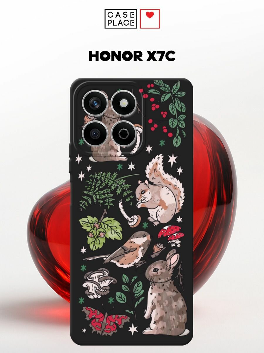 Черный матовый чехол на Honor X7C / Хонор X7C с принтом Лесные зверушки
