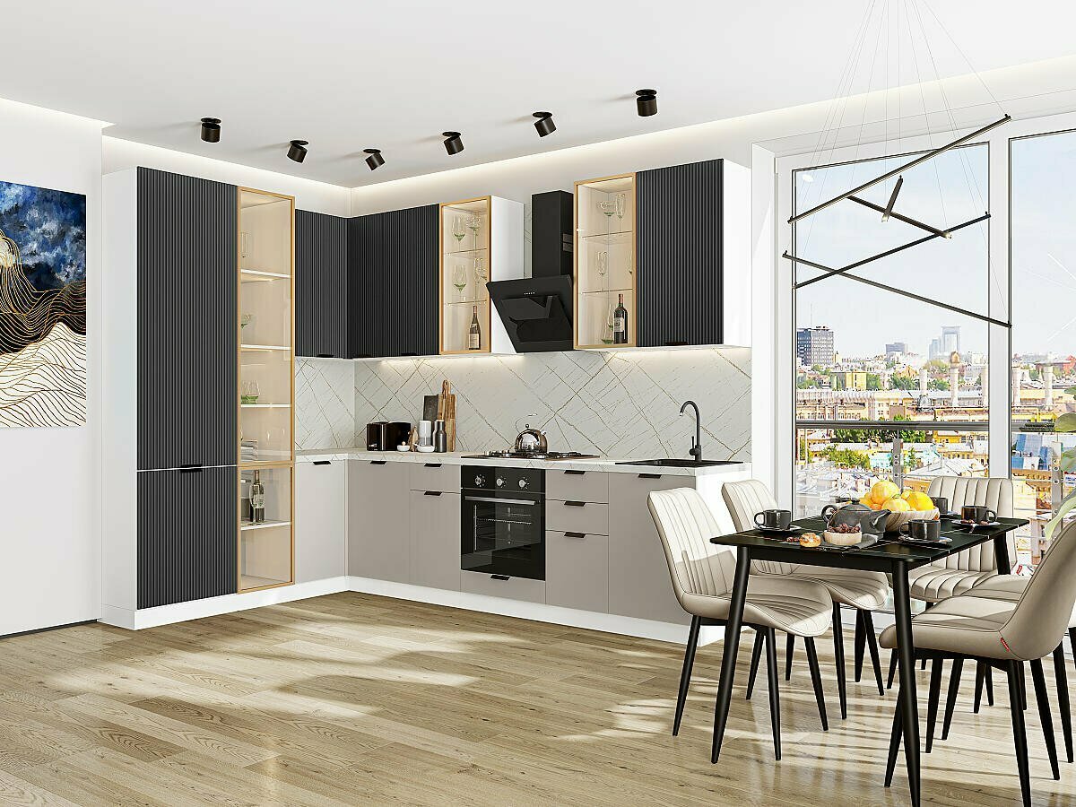 Кухня угловая 3 м. Евро Лайн-07, полки стекло Готовый кухонный гарнитур 2340*2000-3000*600 Антрацит-Агат без столешницы