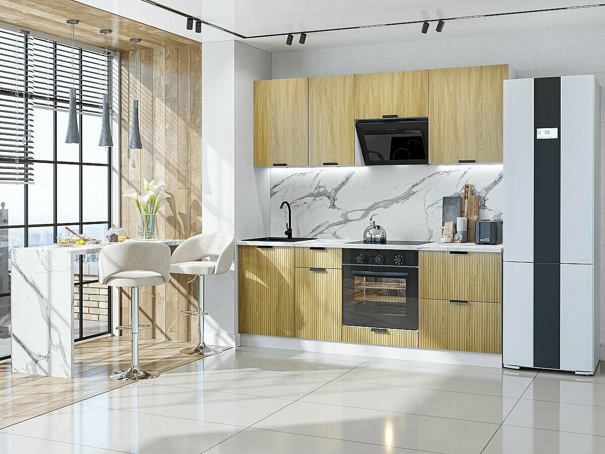 Кухня модульная прямая без столешницы 2 метра Евро Лайн-02 Готовый кухонный гарнитур 2140*2000*600 Дуб песочный