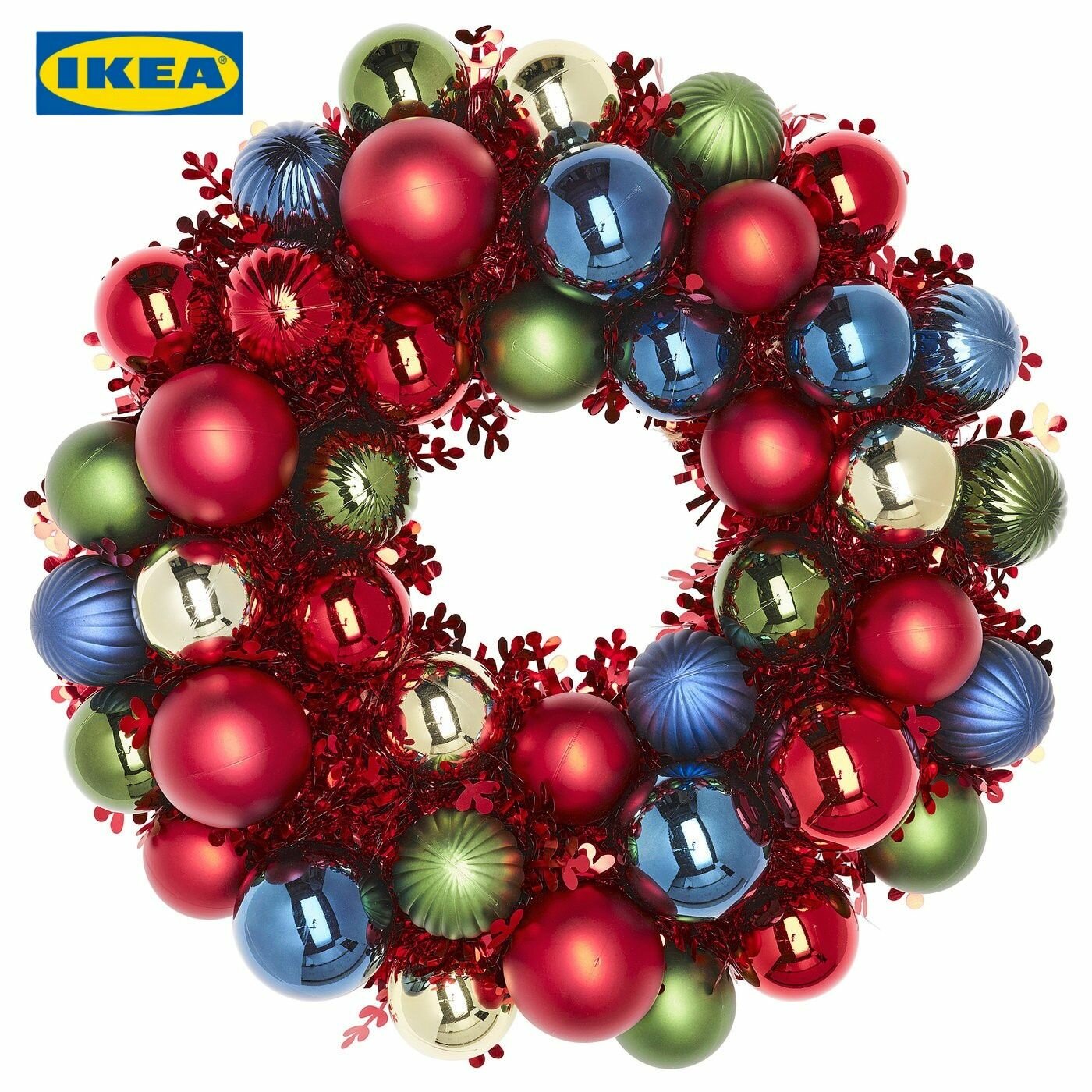 IKEA, VINTERFINT, гирлянда из рождественских шариков, красно-зеленая, 38 см