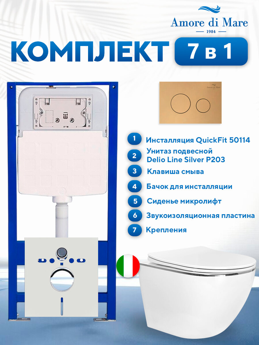 Инсталляция с унитазом 6 в 1: инсталляции Amore di Mare QuickFit 50114 с унитазом Delio Line Silver P203 с круглой кнопкой золото 303G 6 в 1