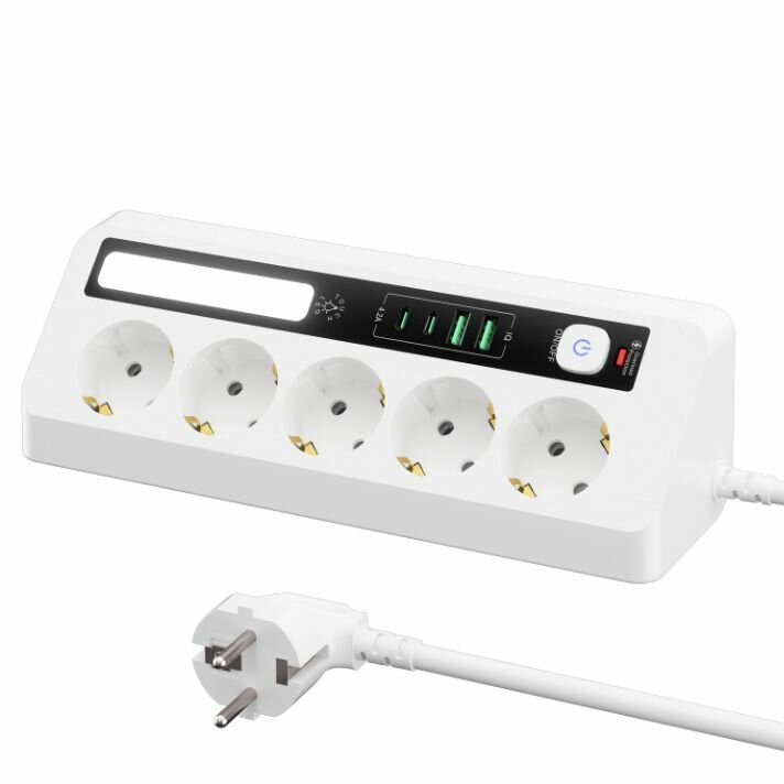Сетевой фильтр настольный, 5 розетки + 2 USB и 2 TYPE-C, кабель 1.8м, с ночником