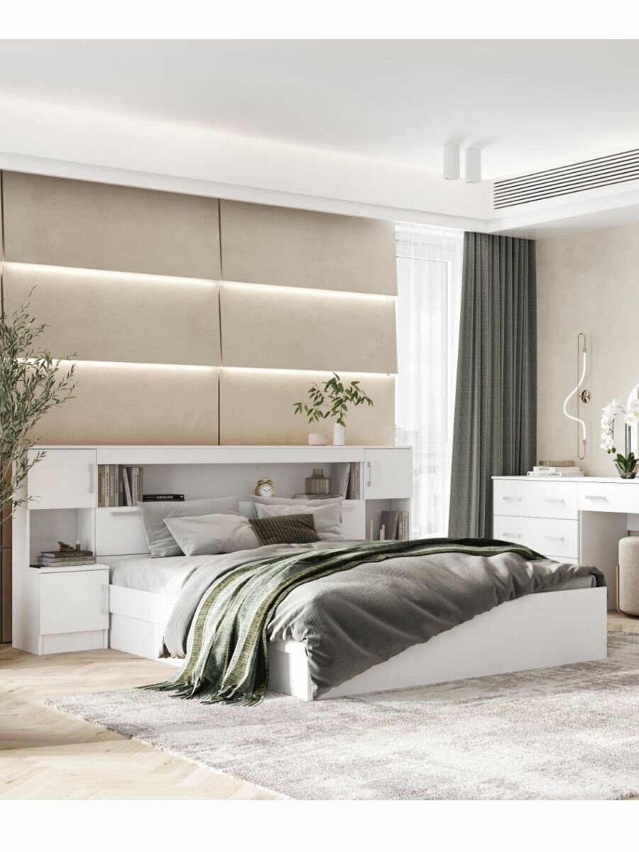 Кровать двуспальная Брауни 2335х1016х2229, Белый, с надстройкой и тумбами, МИФ