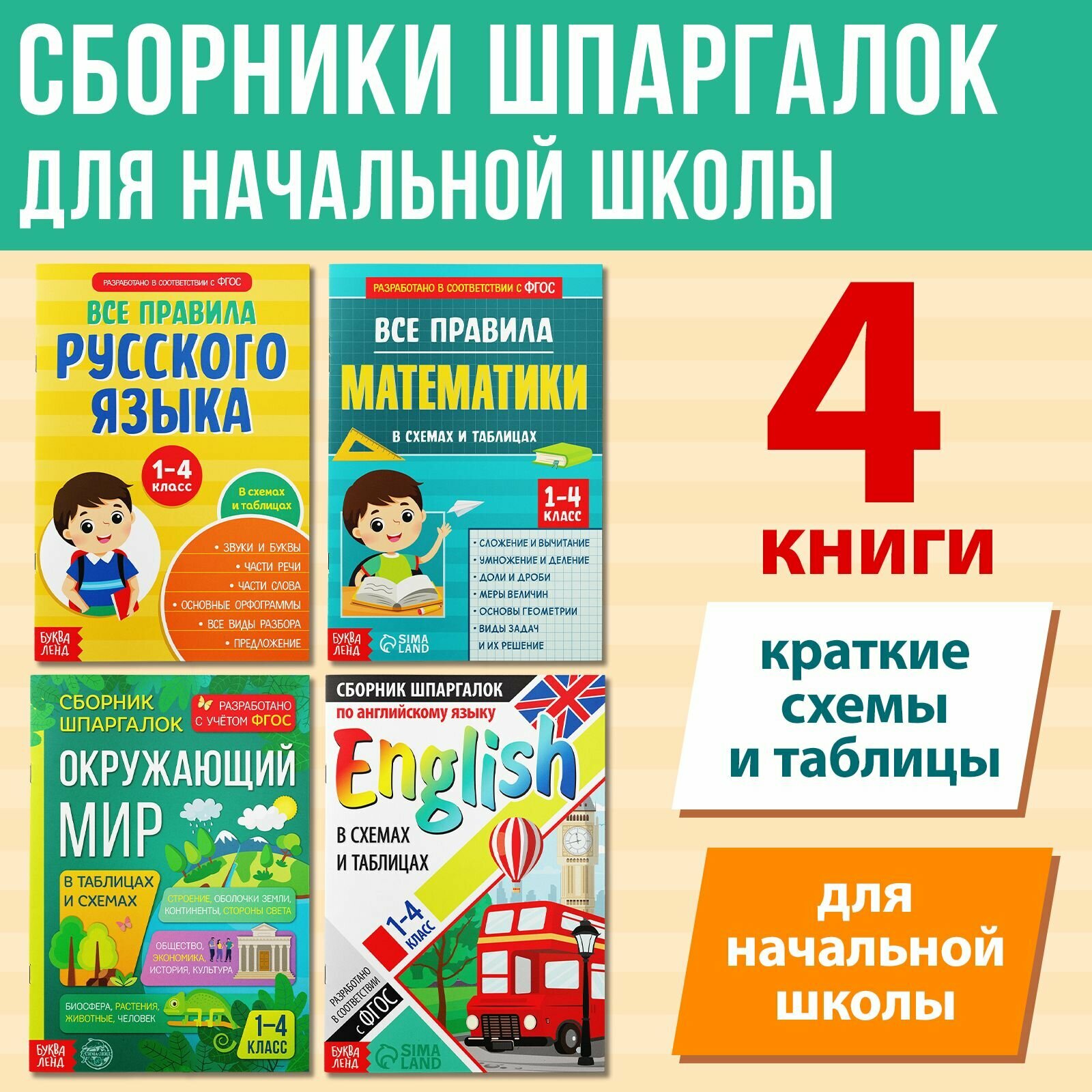 Набор Сборники шпаргалок для начальной школы , 4 книги, 7+