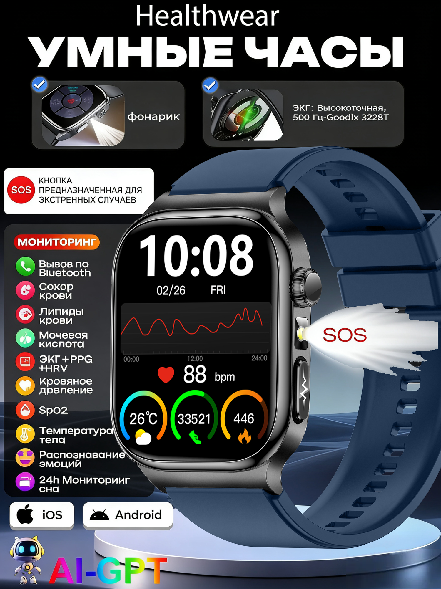 Умные часы JITE DeepFit, AMOLED, Bluetooth 5.1, ЭКГ, кислород в крови, до 7 дней работы
