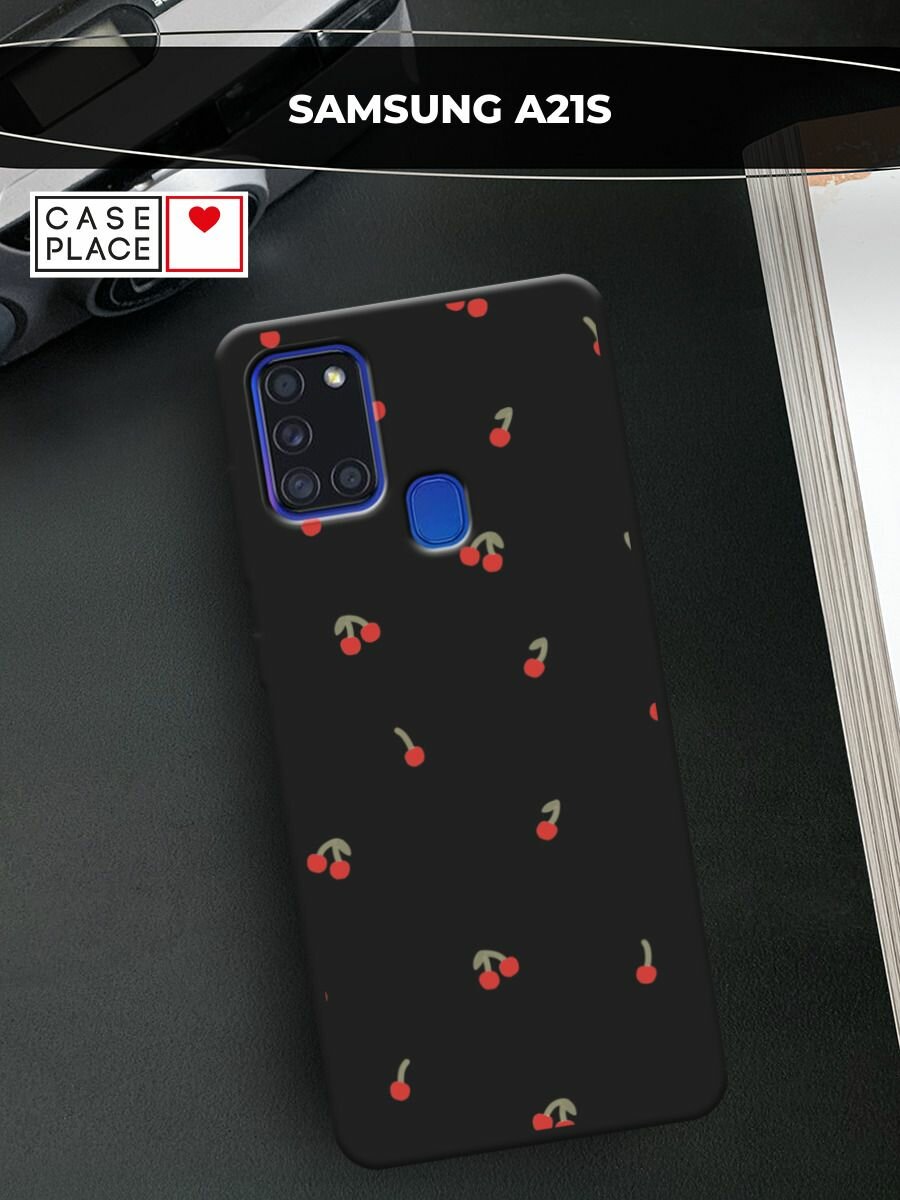 Черный матовый чехол на Samsung Galaxy A21s / Самсунг Галакси A21s с принтом Милые вишенки