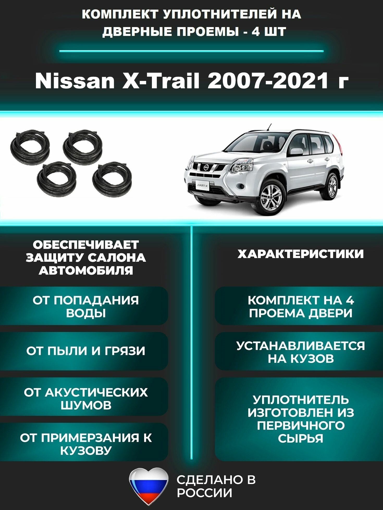 Комплект уплотнителей проемов дверей подходит для Nissan X-Trail / Ниссан Х-Трейл 4 шт