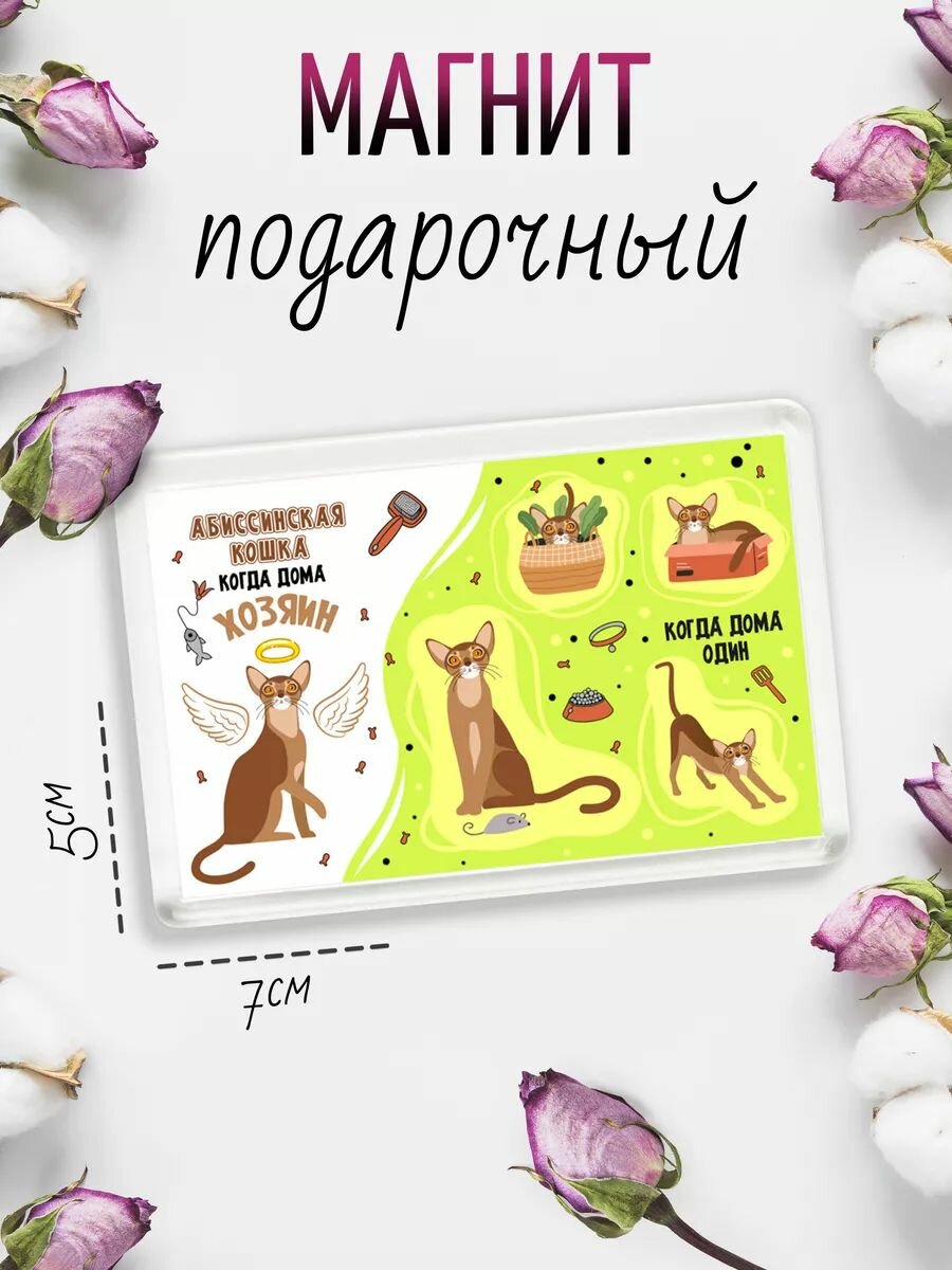 Магнит с рисунком котов разных пород Когда дома один Абиссин, акриловый, размер 7*5 см