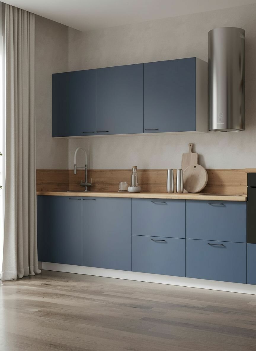 ARNIKA Кухонный гарнитур со столешницей "Дакия" 3м х 2,4м, цвет ежевика (синий), фасад пленка ПВХ