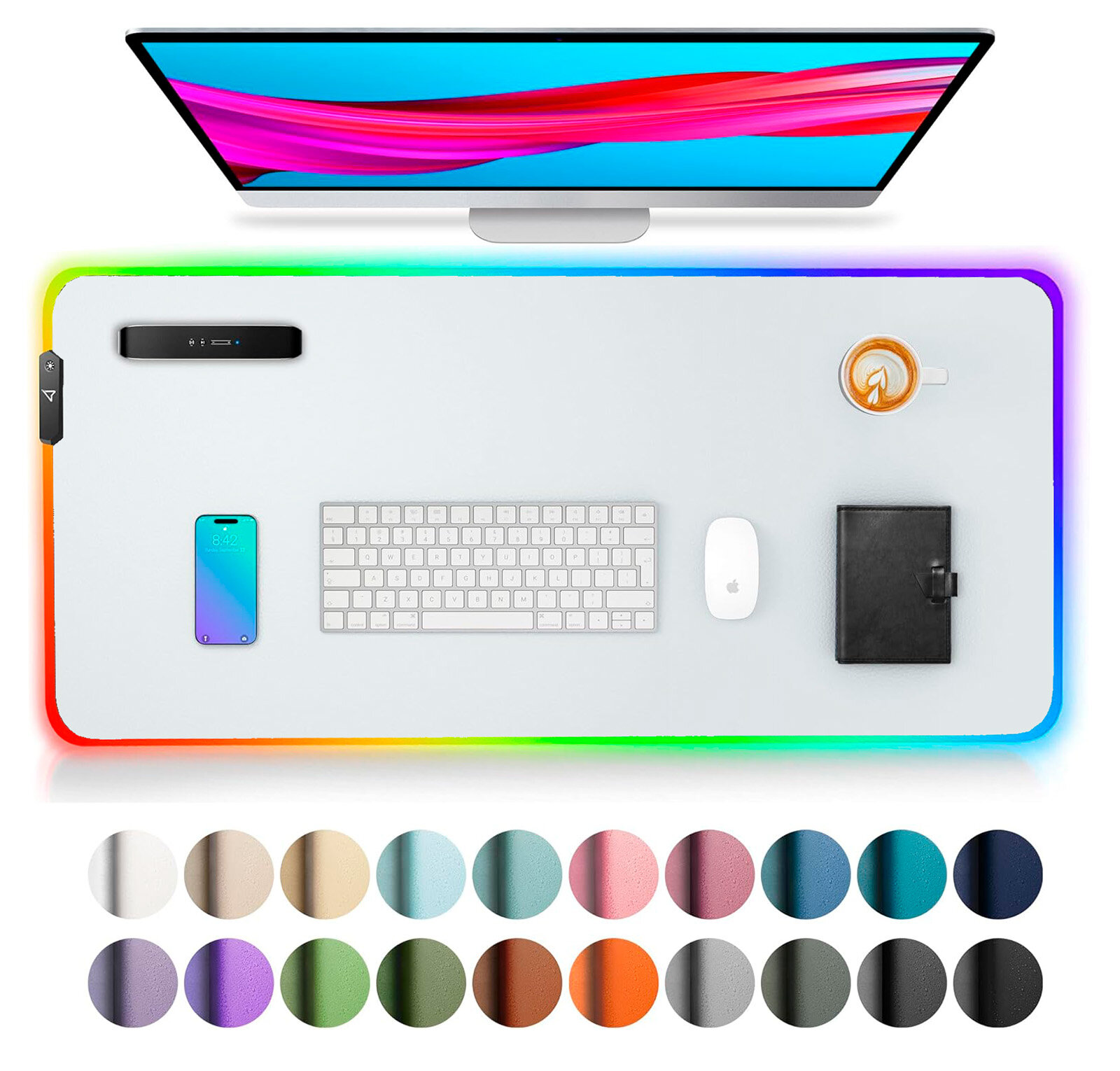 Коврик для клавиатуры и мыши с RGB подсветкой 40 см х 80 см , защитный, большой, водонепроницаемый, кожаный, белый